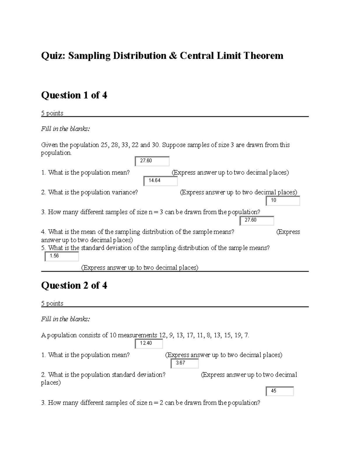 Quiz Sampling Distribution Central Limit Theorem - Quiz: Sampling ...