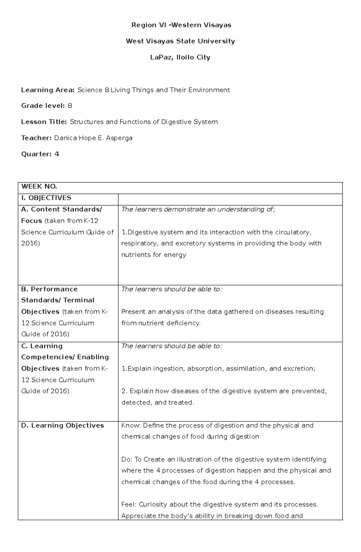 Science 8 Lesson Plan: Digestive System Structures & Functions - Studocu
