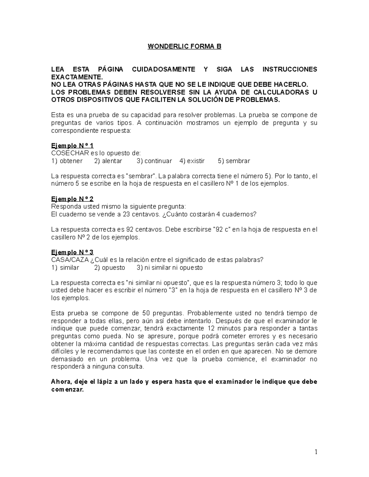 Wonderlic Forma B - Instrucciones y Ejemplos de Prueba - Studocu