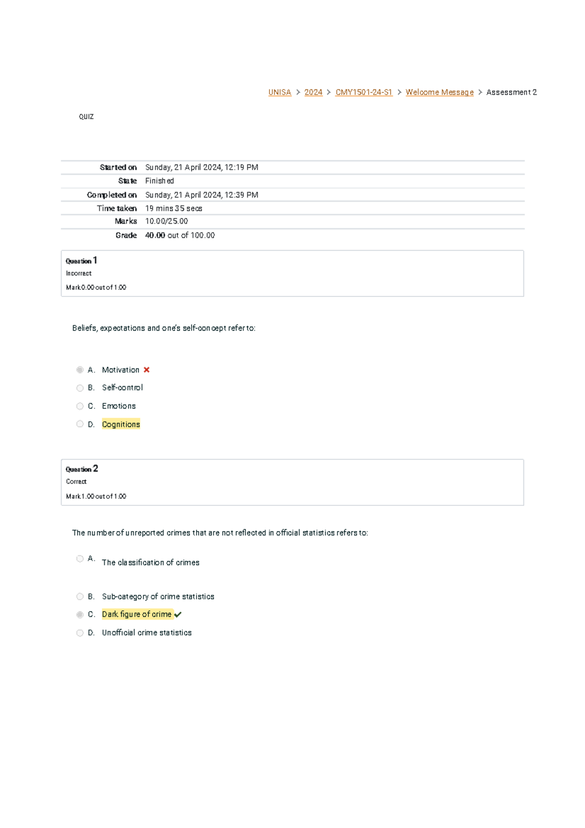 UNISA 2024 Assessment 2 Quiz Attempt Review and Results - Studocu