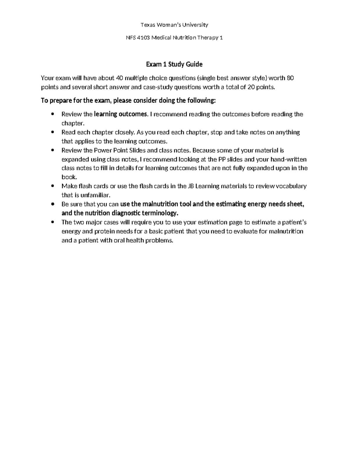 NFS 4103 Medical Nutrition Therapy 1 - Exam 1 Study Guide - Studocu