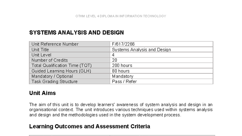 OTHM Level 4 Diploma in IT: Systems Analysis & Design Assignment - Studocu