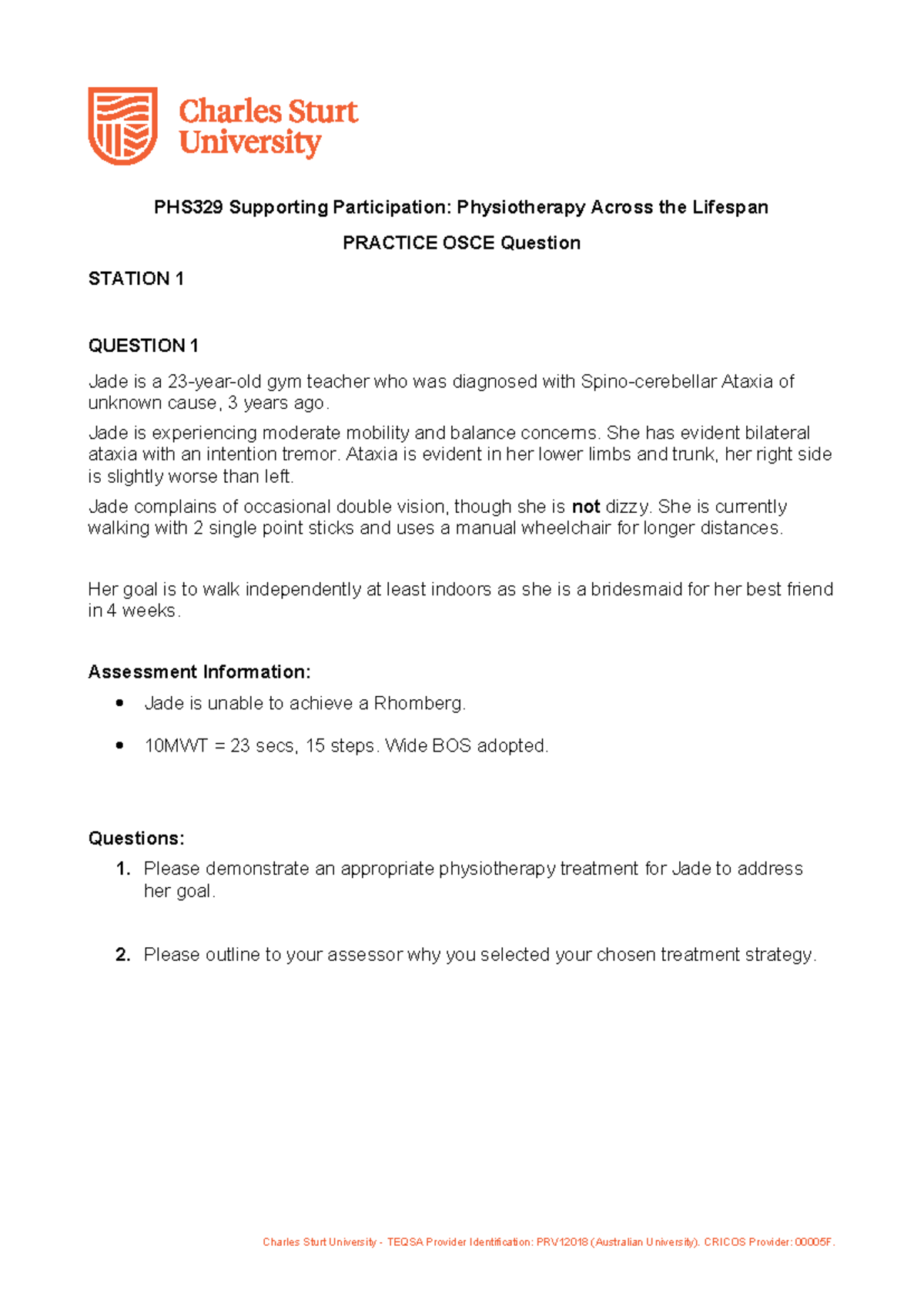 PHS329 Practice OSCE: Physiotherapy Treatment for Ataxia Case Study ...