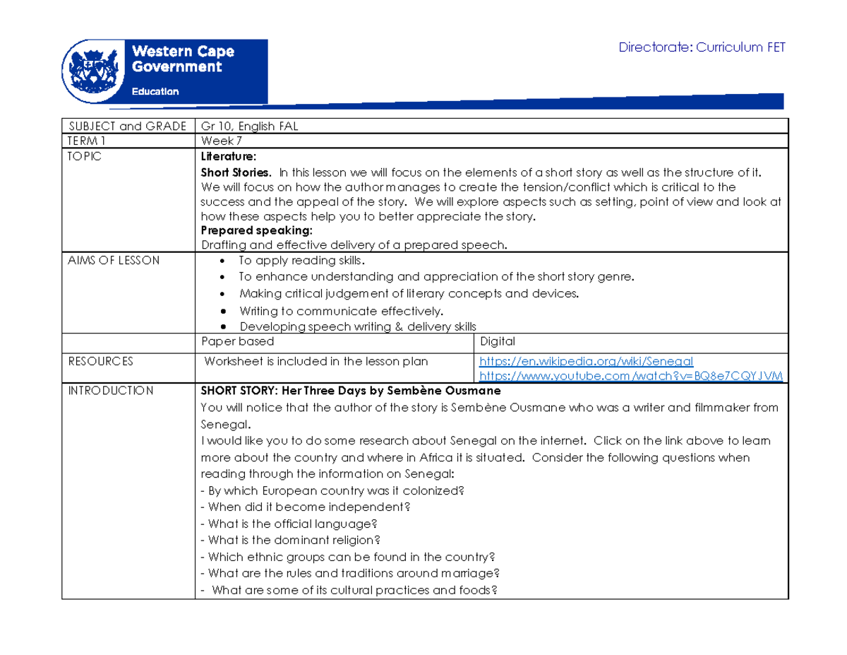 English FAL Gr 10 Term 1 Week 7: Short Stories & Speech Skills - Studocu