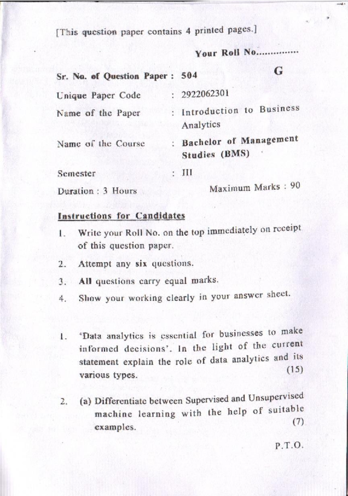 Introduction to Business Analytics BMS 504 Previous Year Paper - Studocu