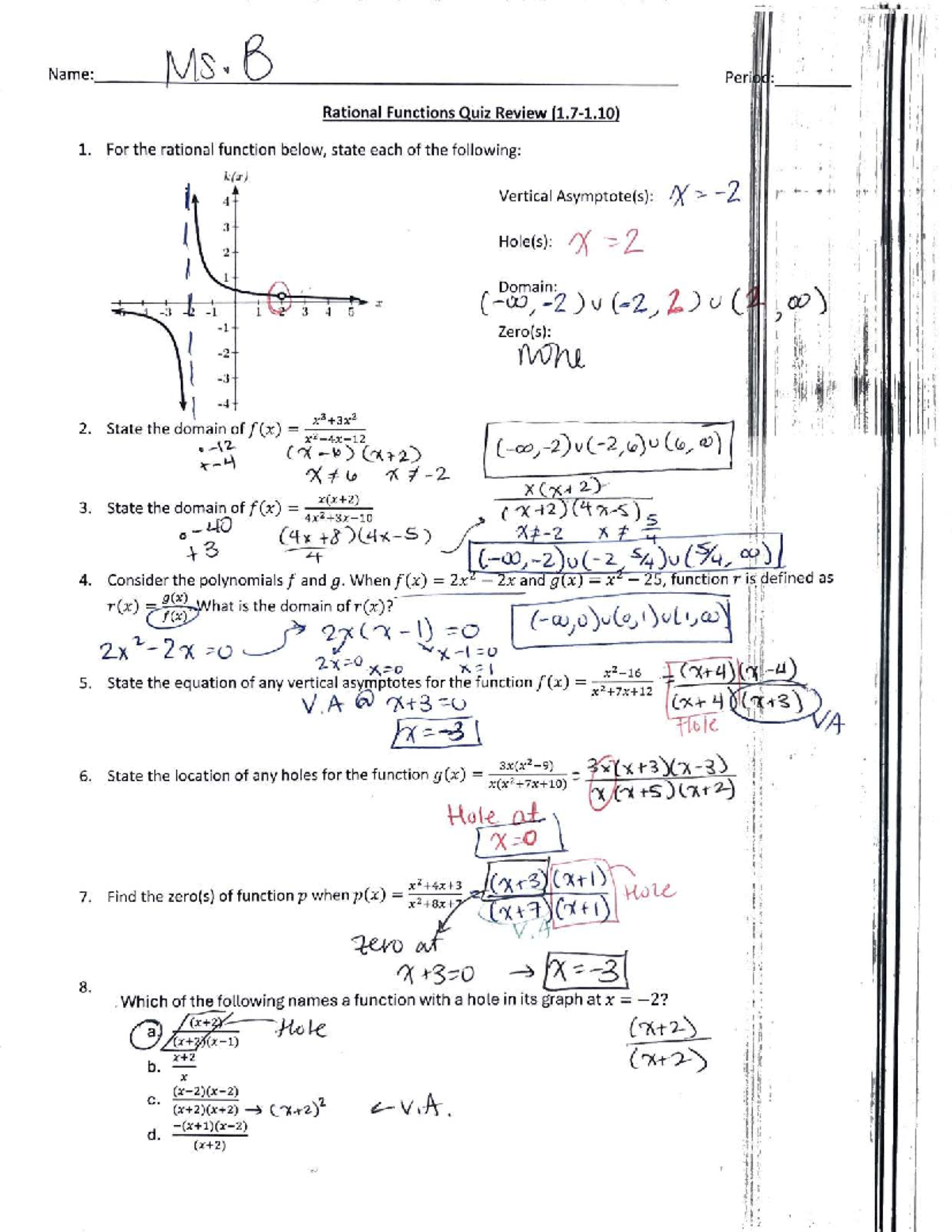 Rational Functions Quiz Review (Course Code: Ms.B Period) - Studocu