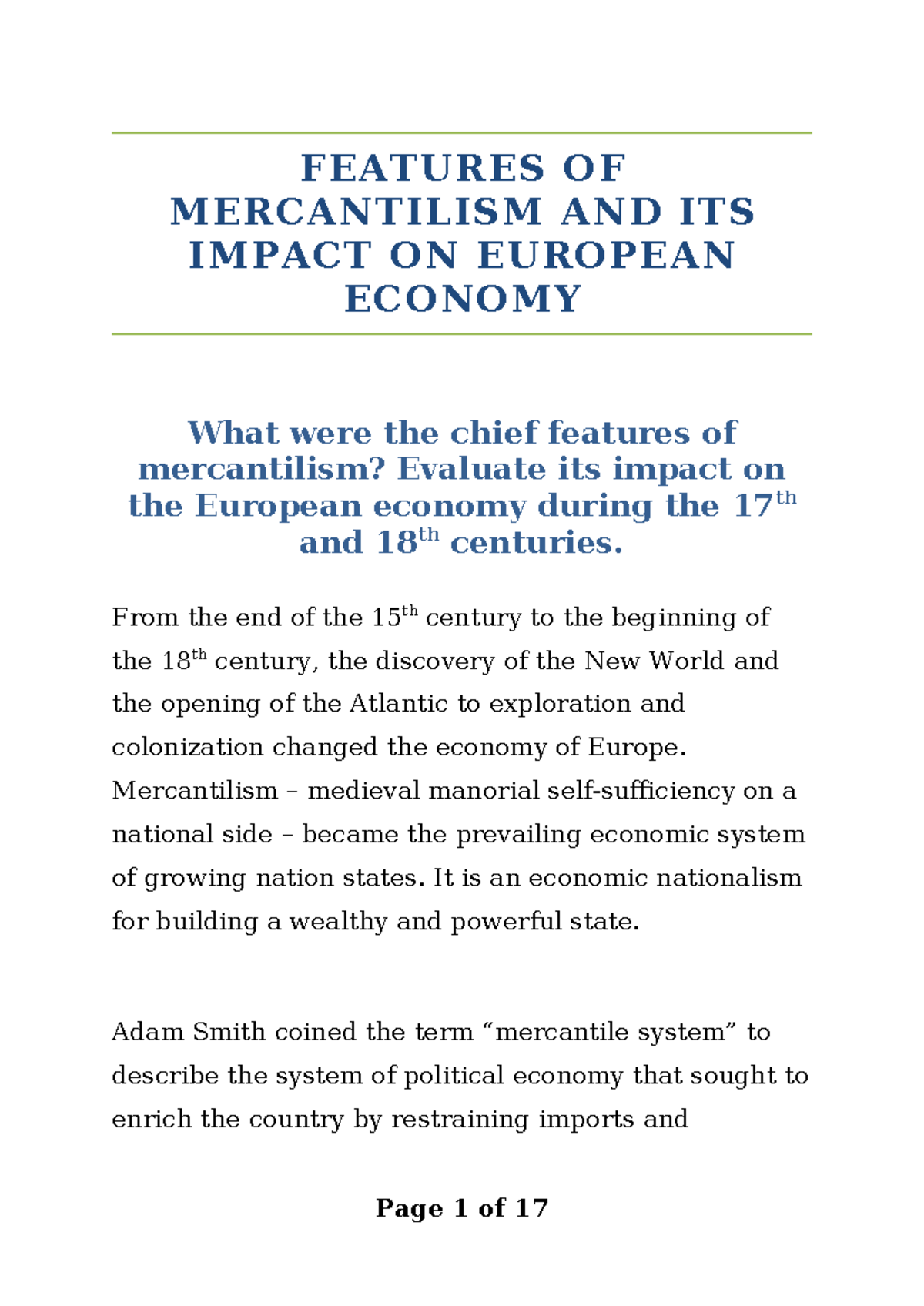 Features and Impact of Mercantilism on European Economy (17th-18th ...