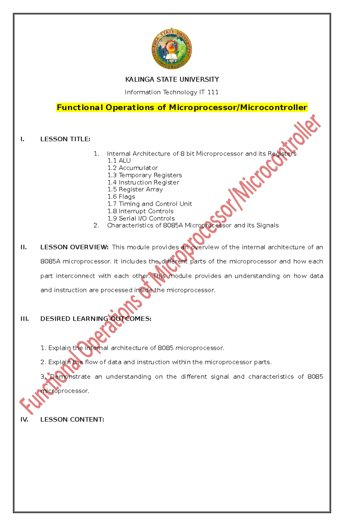 Functional Operations of Microprocessor Microcontroller - LESSON TITLE: Internal Architecture of ...