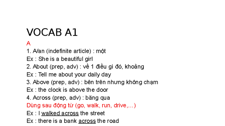 Vocabulary A1: Essential Words and Examples for Beginners - Studocu