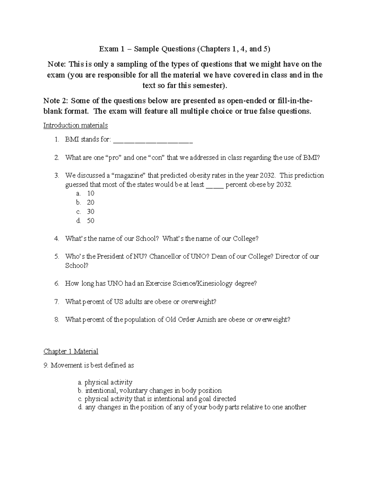 Kinesiology Exam 1 - Sample Questions (Ch. 1, 4, & 5) - Studocu