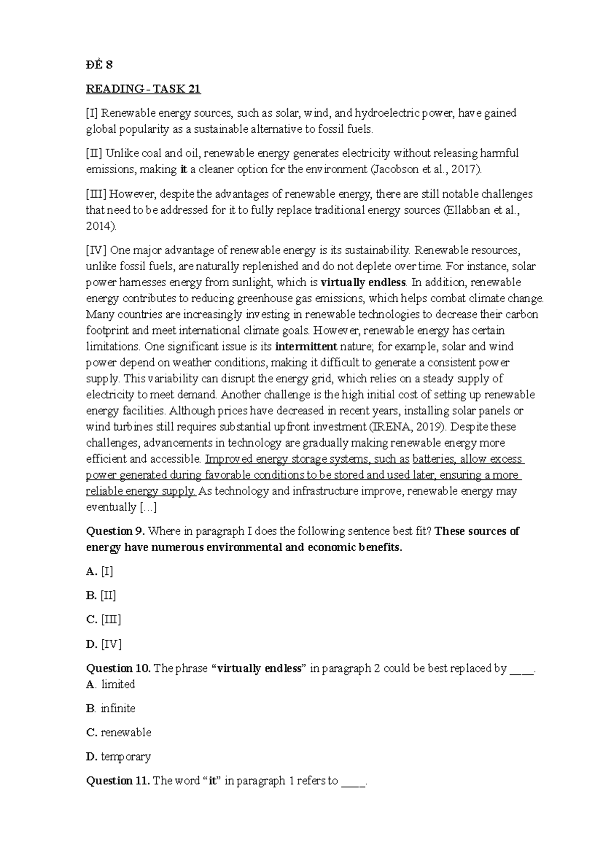 ĐỀ 8 READING TASK 21: Renewable Energy Sources and Their Challenges ...
