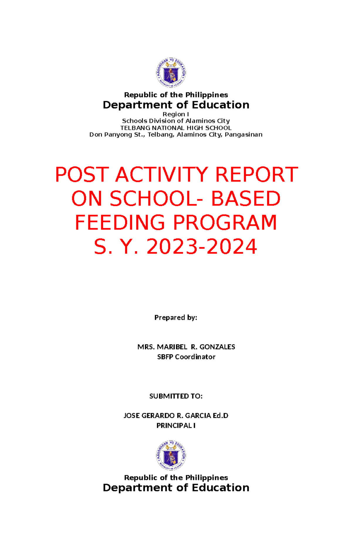 SBFP 2023-24 School-Based Feeding Program Accomplishment Report - Studocu
