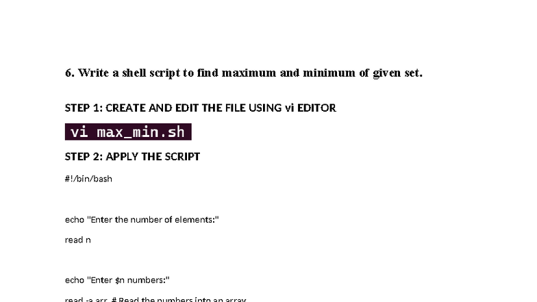 Shell Lab Manual: Program 6 - Max & Min Finder Script - Studocu