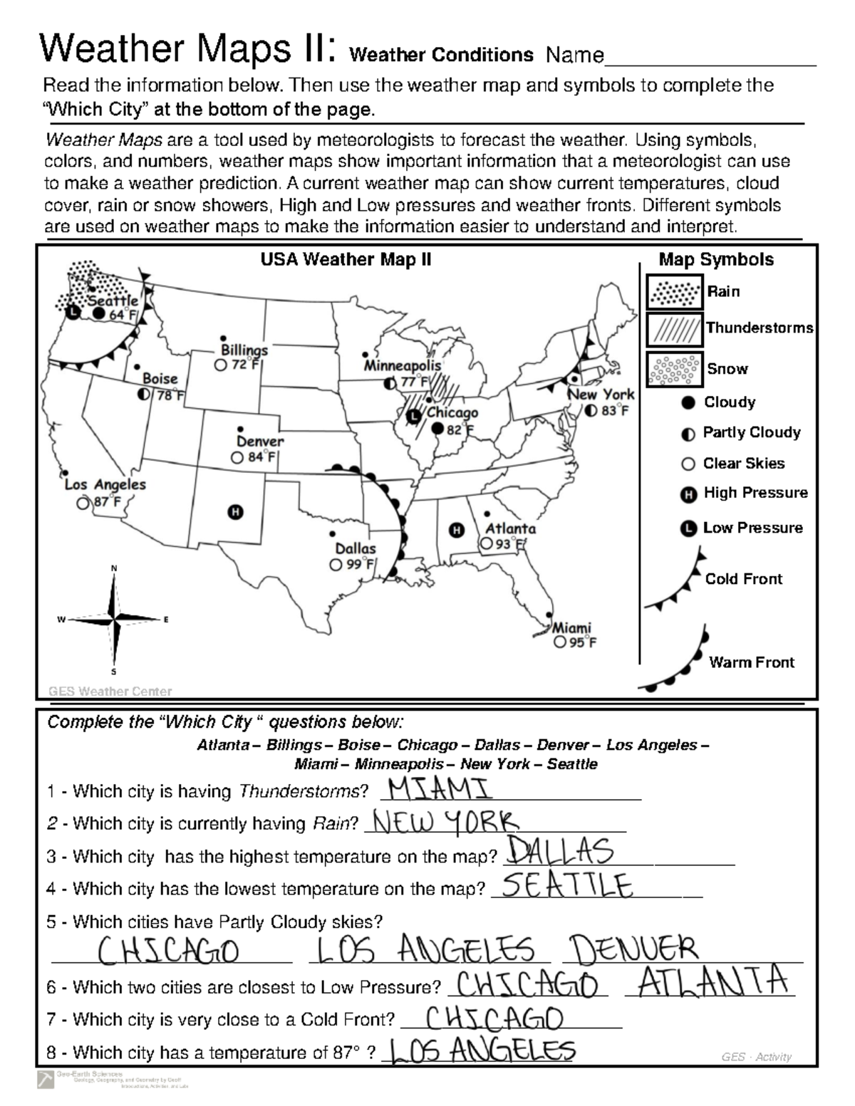Weather map activity - Weather Maps II: Weather Conditions Name ...