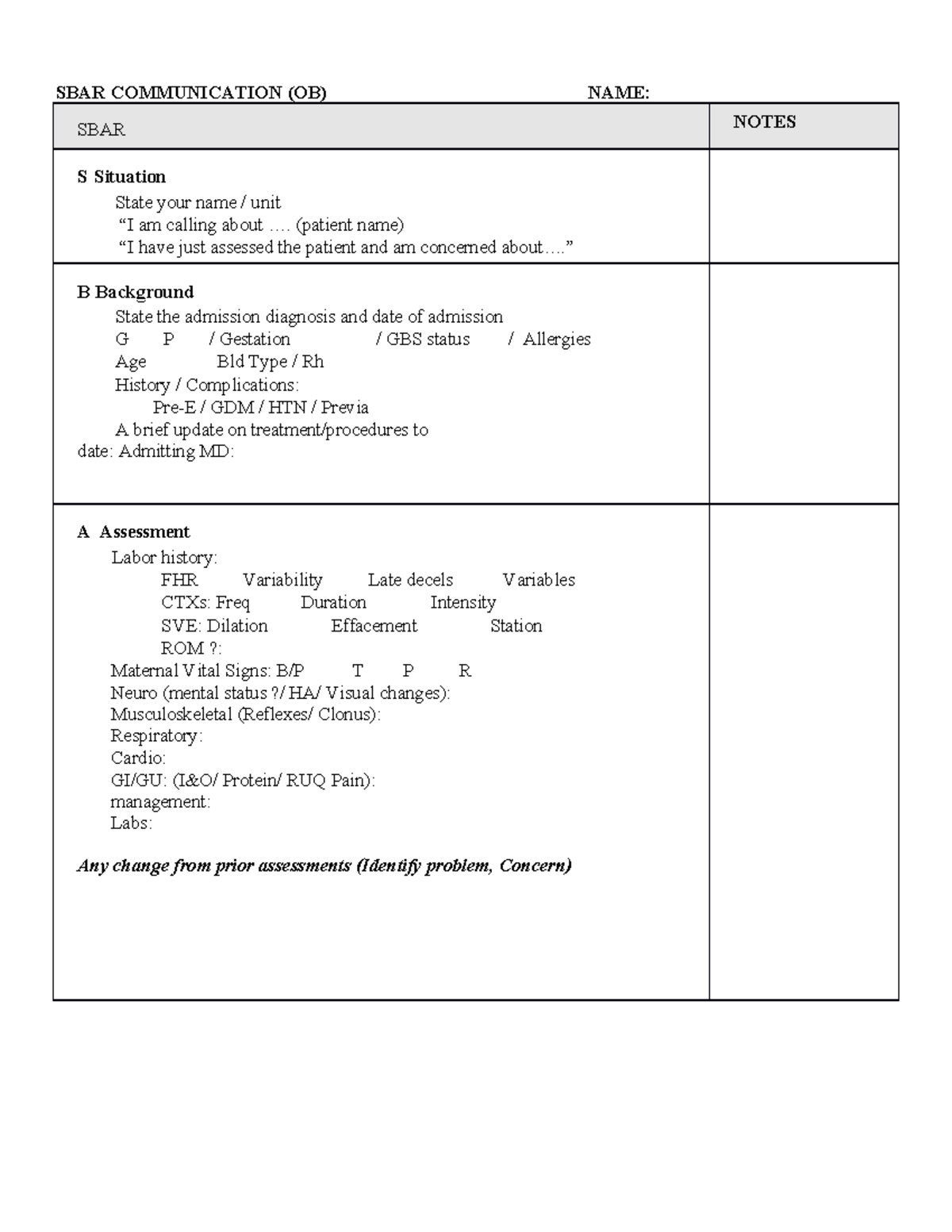 SBAR Communication Template - SBAR COMMUNICATION (OB) NAME: SBAR NOTES ...