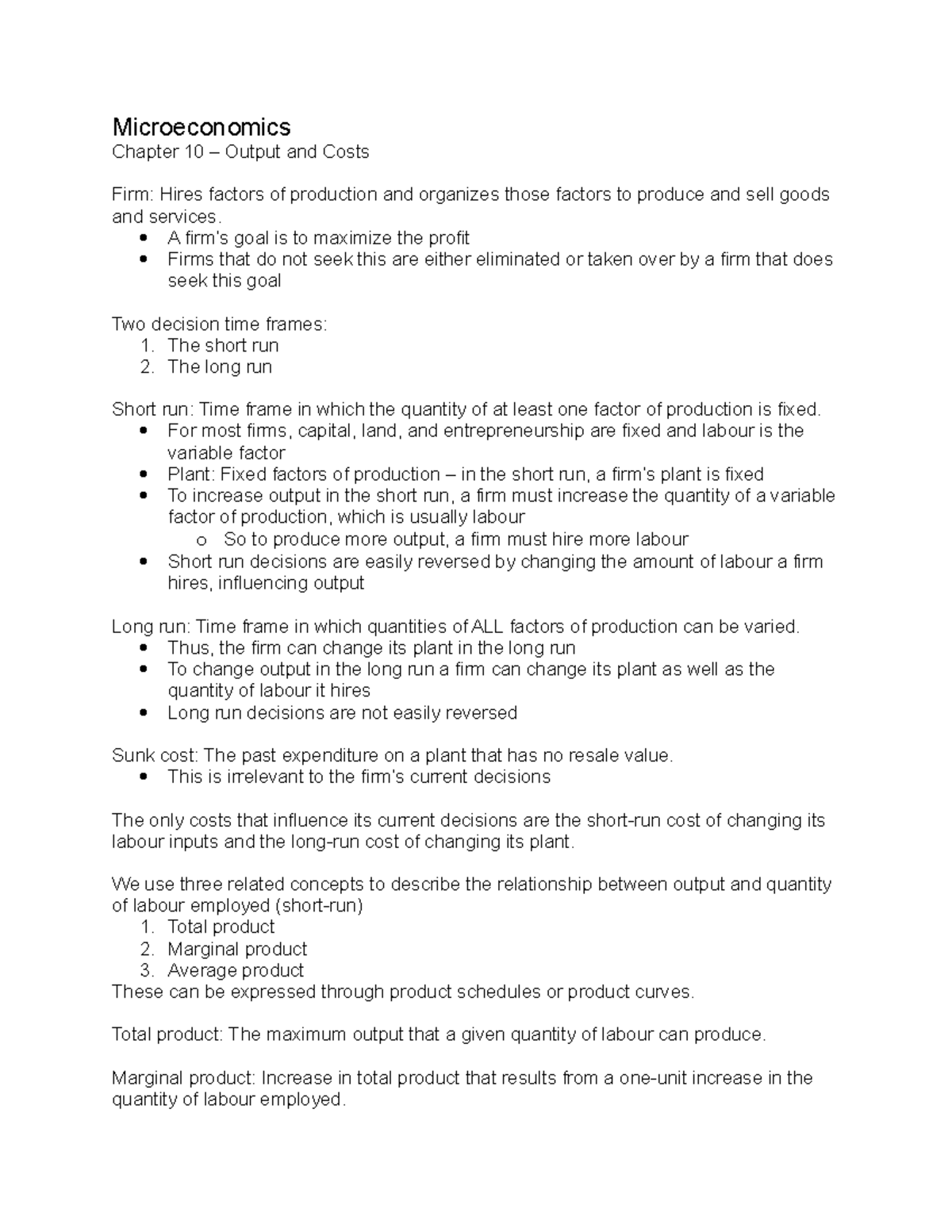 Chapter 10 (Output and Costs) - Microeconomics Chapter 10 – Output and ...