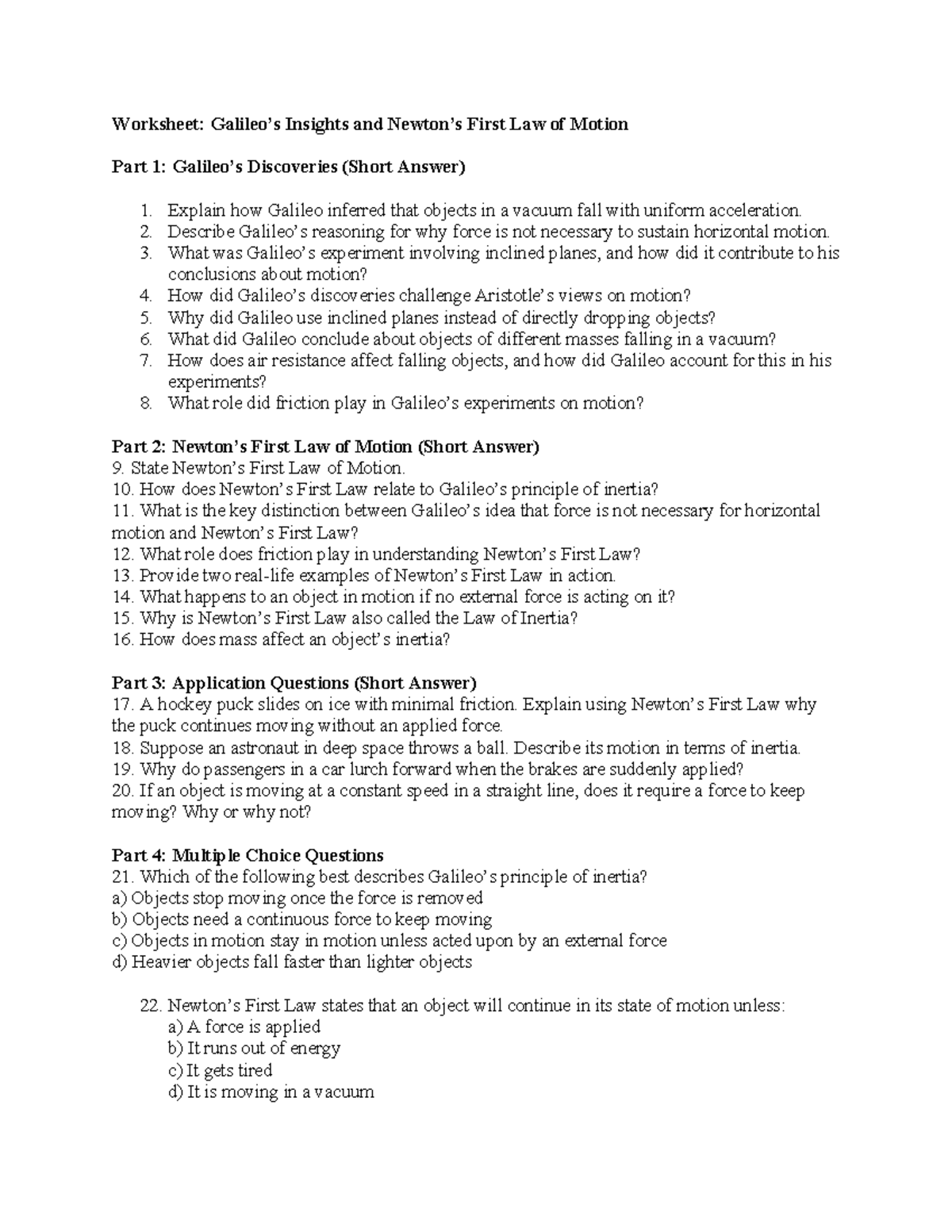 Worksheet Galileos-Insights-and-Newtons-First-Law-of-Motion - Worksheet ...