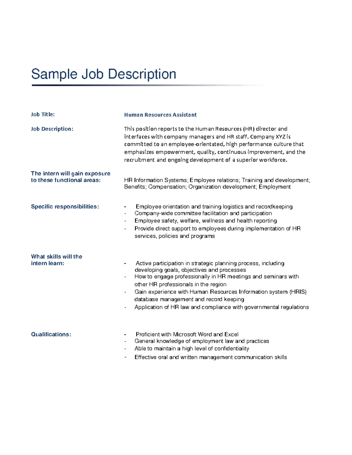 JD1 - Sample Job Description for HR Assistant Position - Studocu