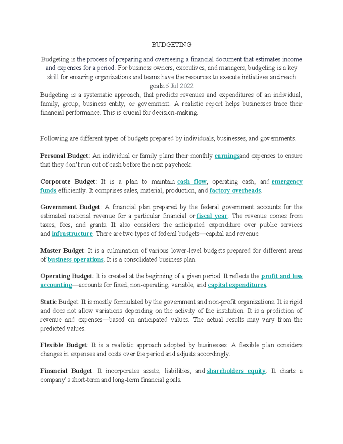 BUDGETING: Management of Theatre Resources and Financial Planning - Studocu