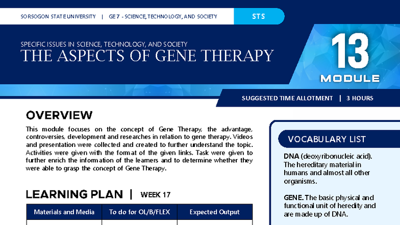 GE 7 STS Module 13: Gene Therapy - Concepts, Techniques, and Issues ...