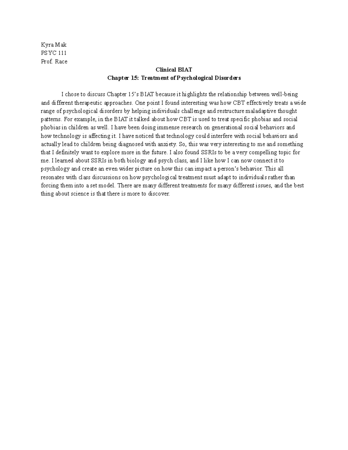 PSYC Clinical BIAT Chapter 15: Exploring Treatment of Disorders - Studocu