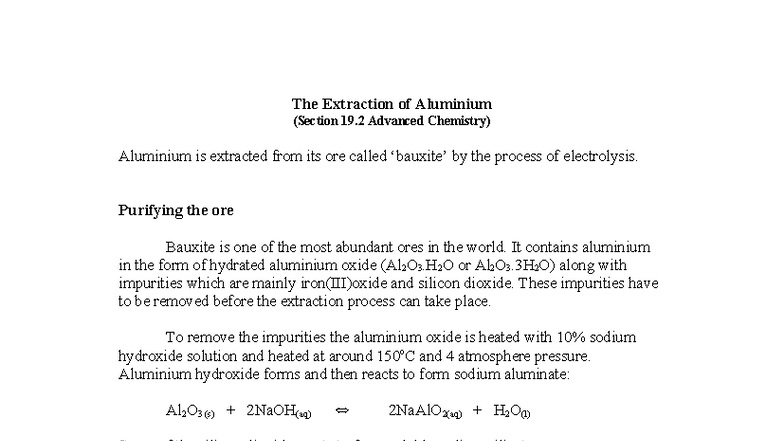 Extraction of Aluminium: Advanced Chemistry (Section 19.2) - Studocu