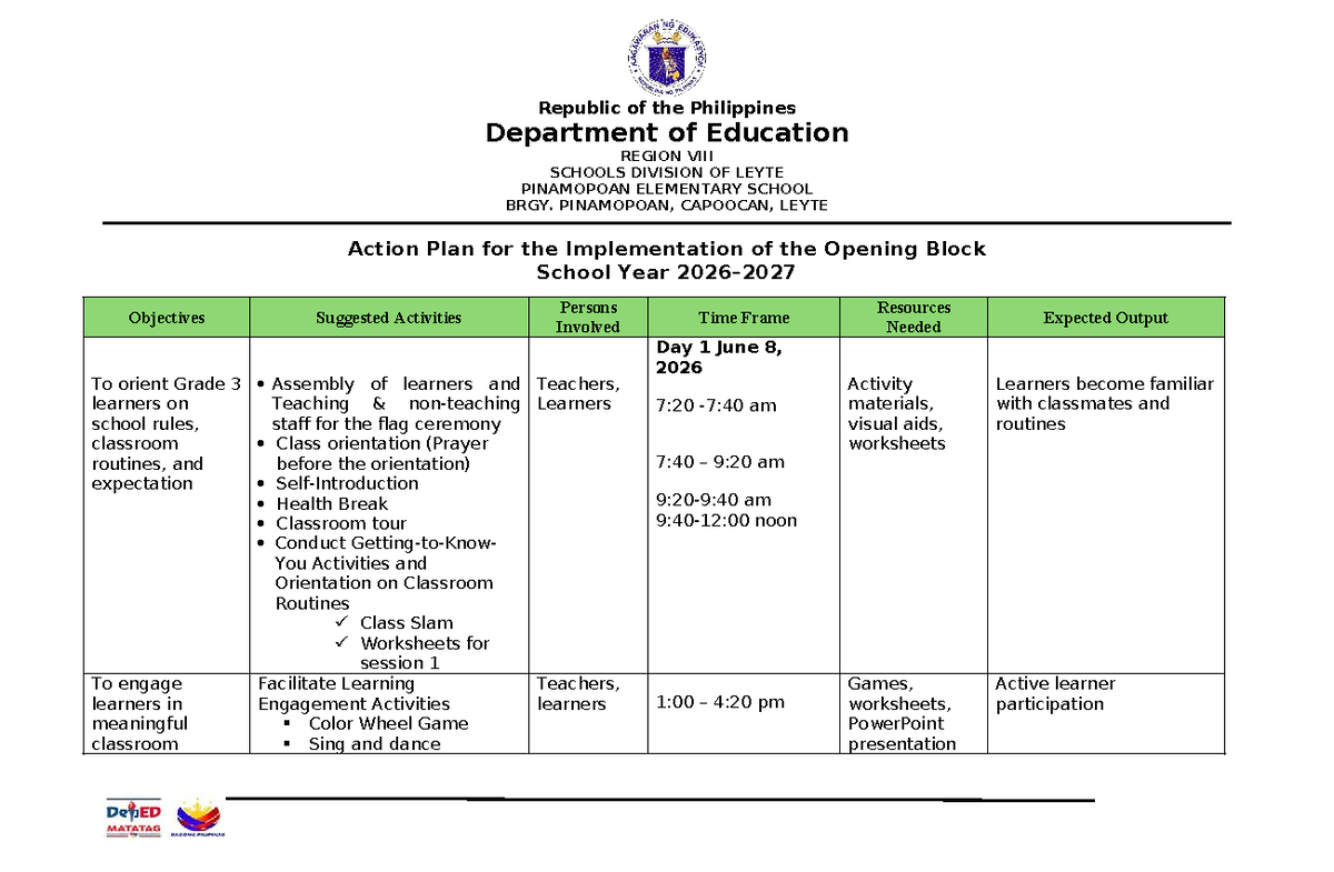 Action Plan for Opening Block Implementation - Grade 3 Orientation ...
