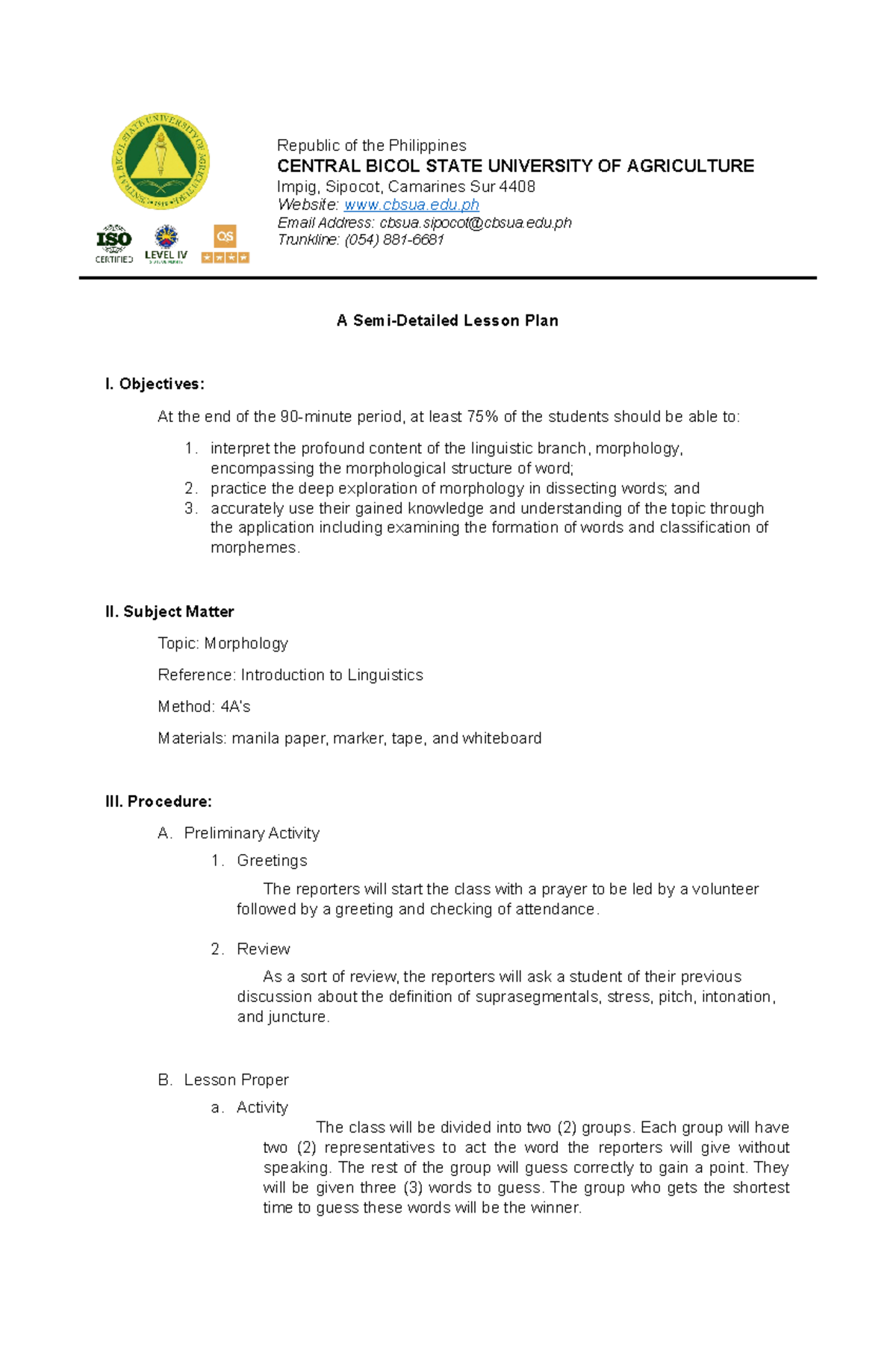 Lesson Plan - Morphology Insights and Activities (EDU 101) - Studocu