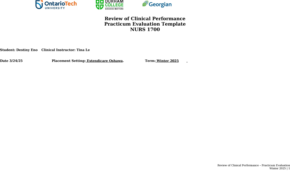 Nurs 1700 Winter 2025 Clinical Performance Evaluation Review Studocu