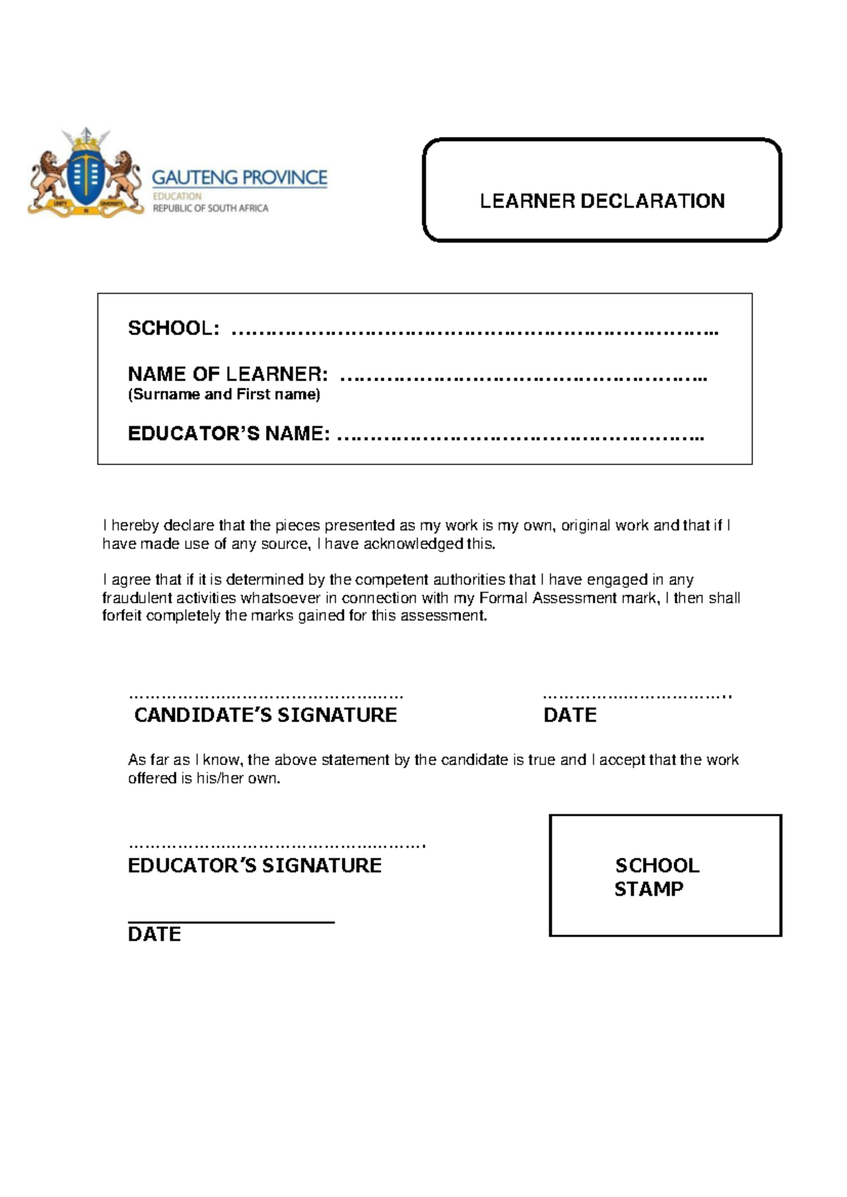 2024 Learner Declaration Form - English - Gauteng - Studocu