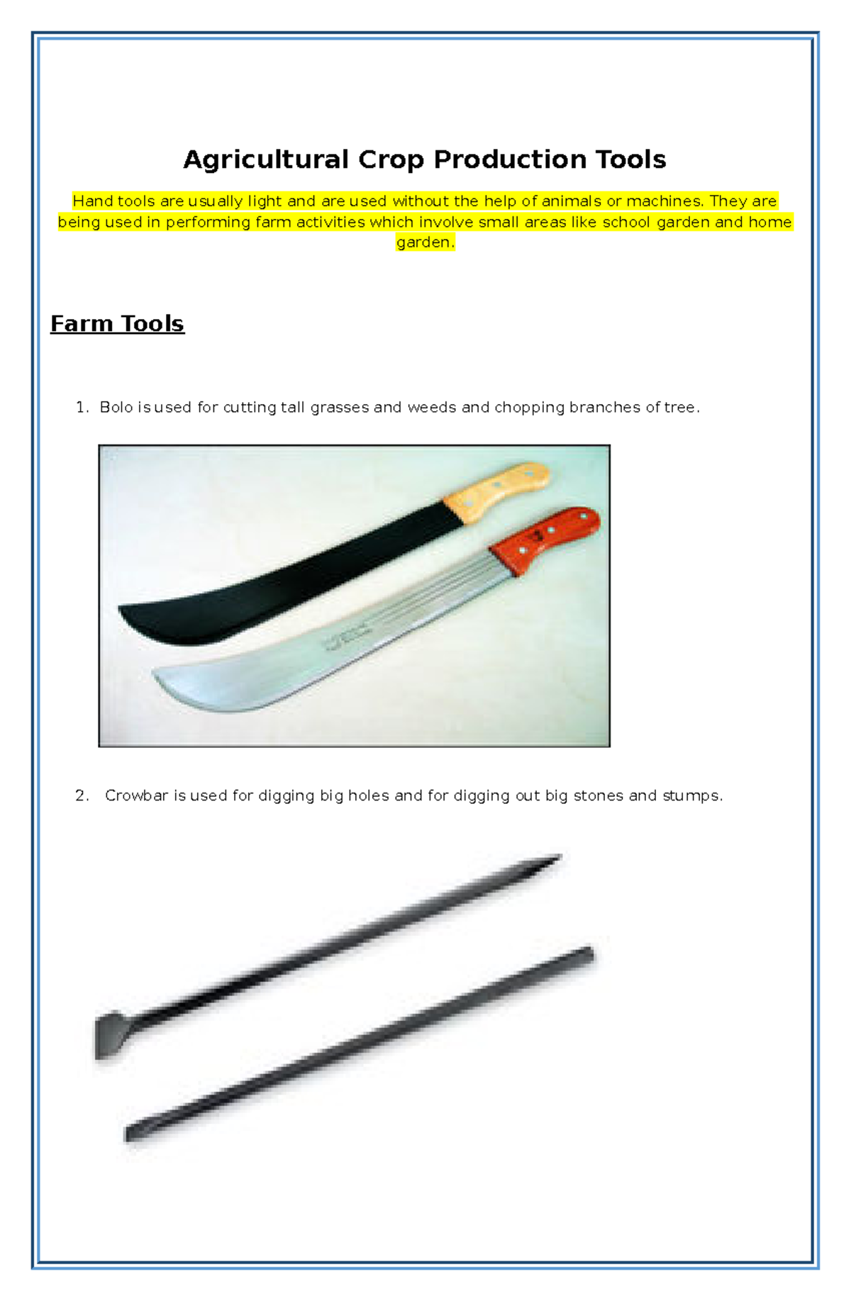 Agricultural Crop Production Tools - They are being used in performing ...