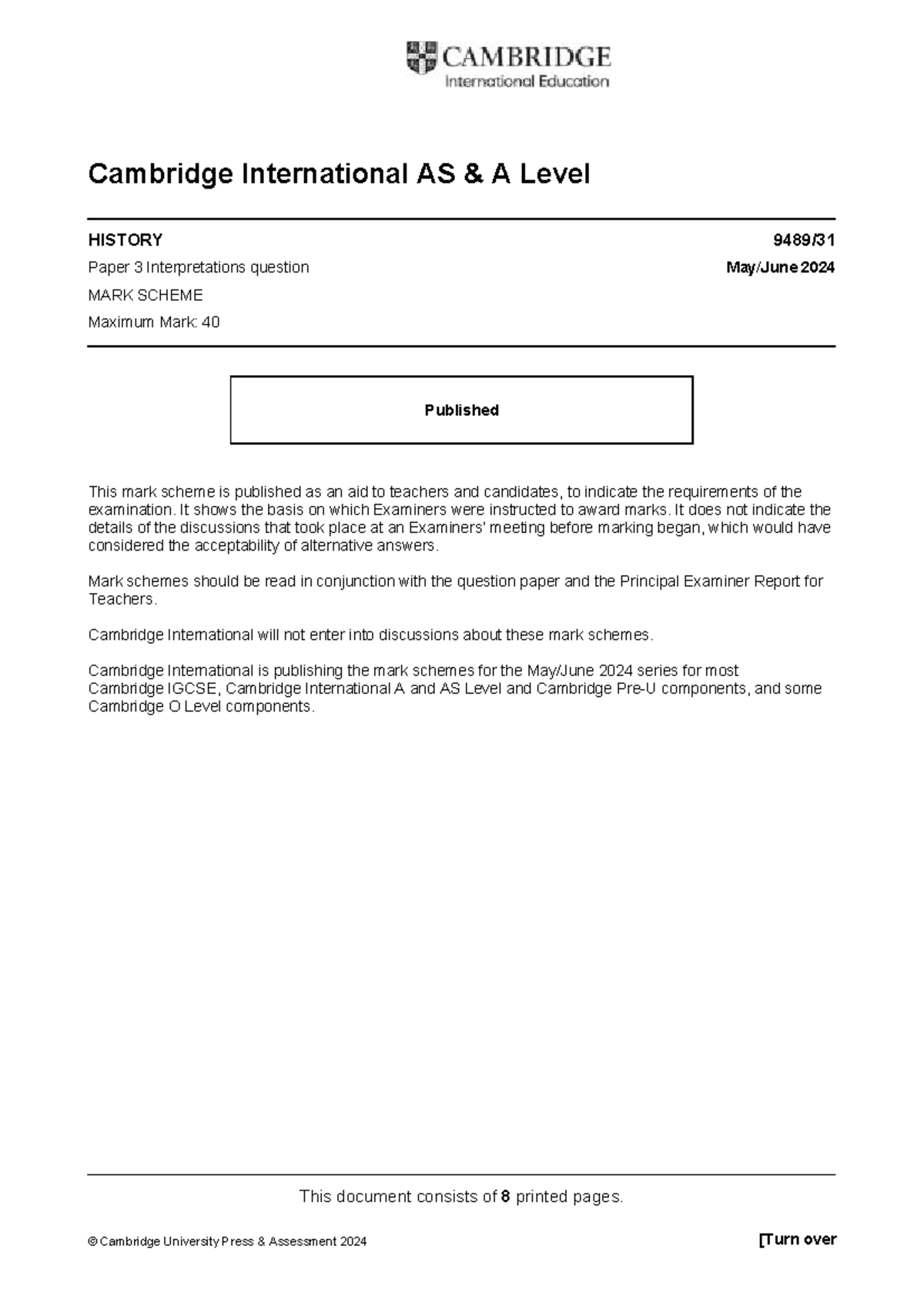 9489 s24 ms 31 - May/June 2024 History Paper 3 Marking Scheme - Studocu