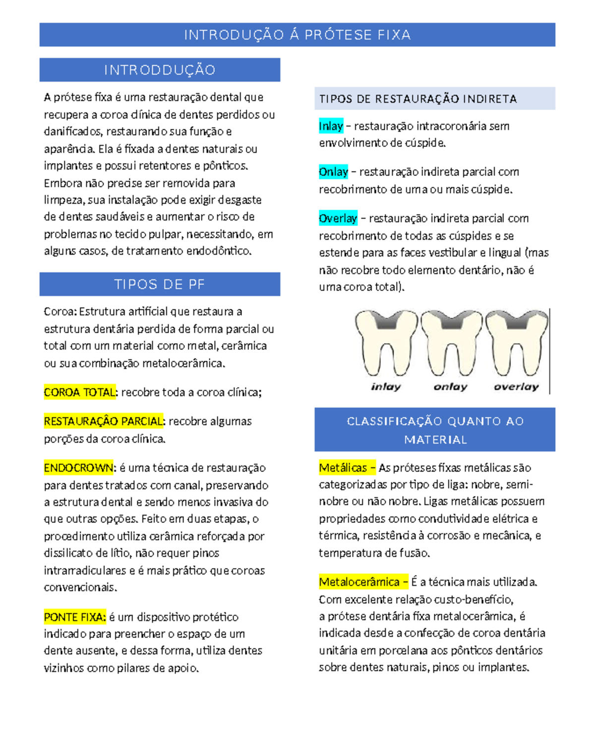 Resumo sobre Prótese Fixa: Tipos, Planejamento e Execução - Studocu