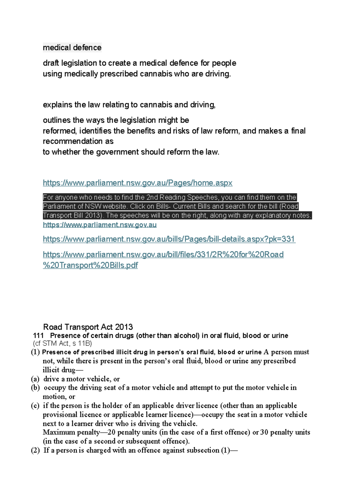 MML Medical Defence: Reforming Cannabis Driving Laws in NSW - Studocu
