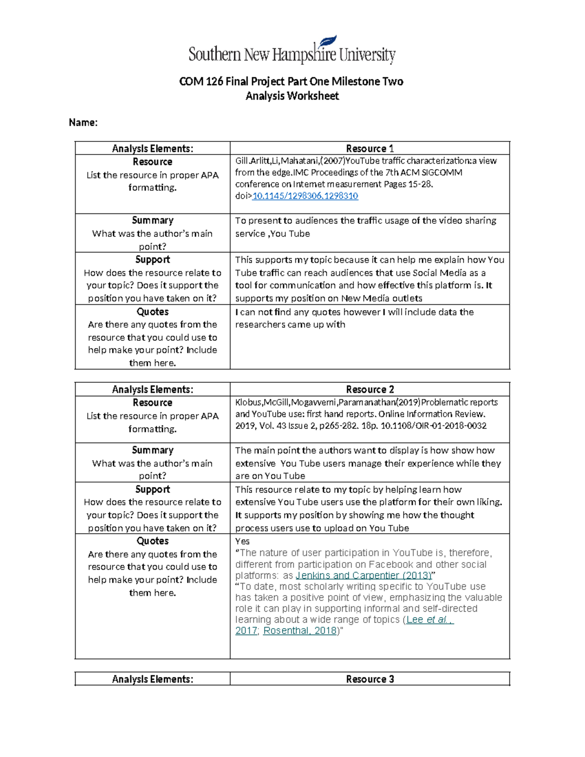 "Little COM126 Analysis Worksheet" - COM 126 Final Project Part One ...