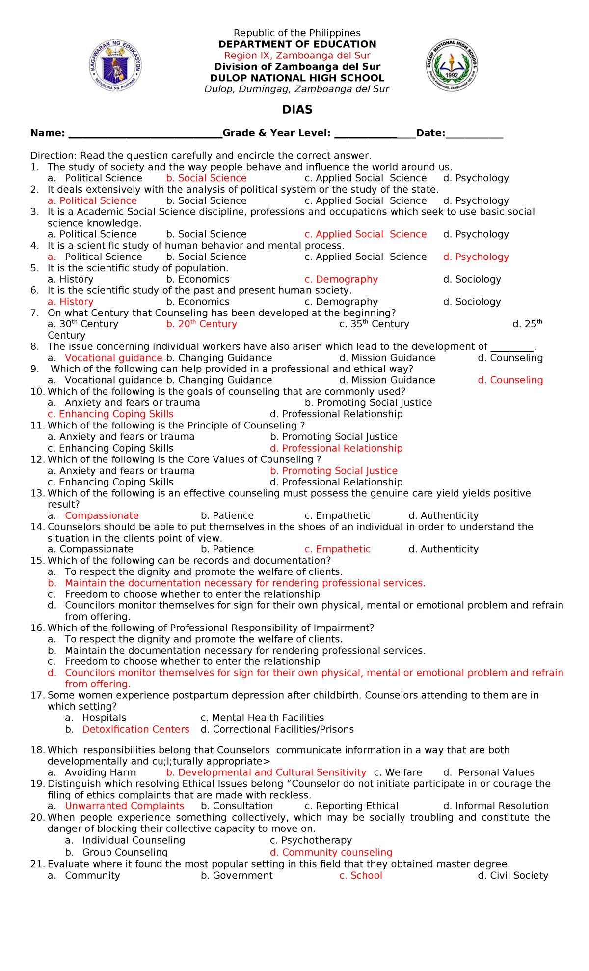 Dias - Social Science Quiz Questions and Answers - Studocu