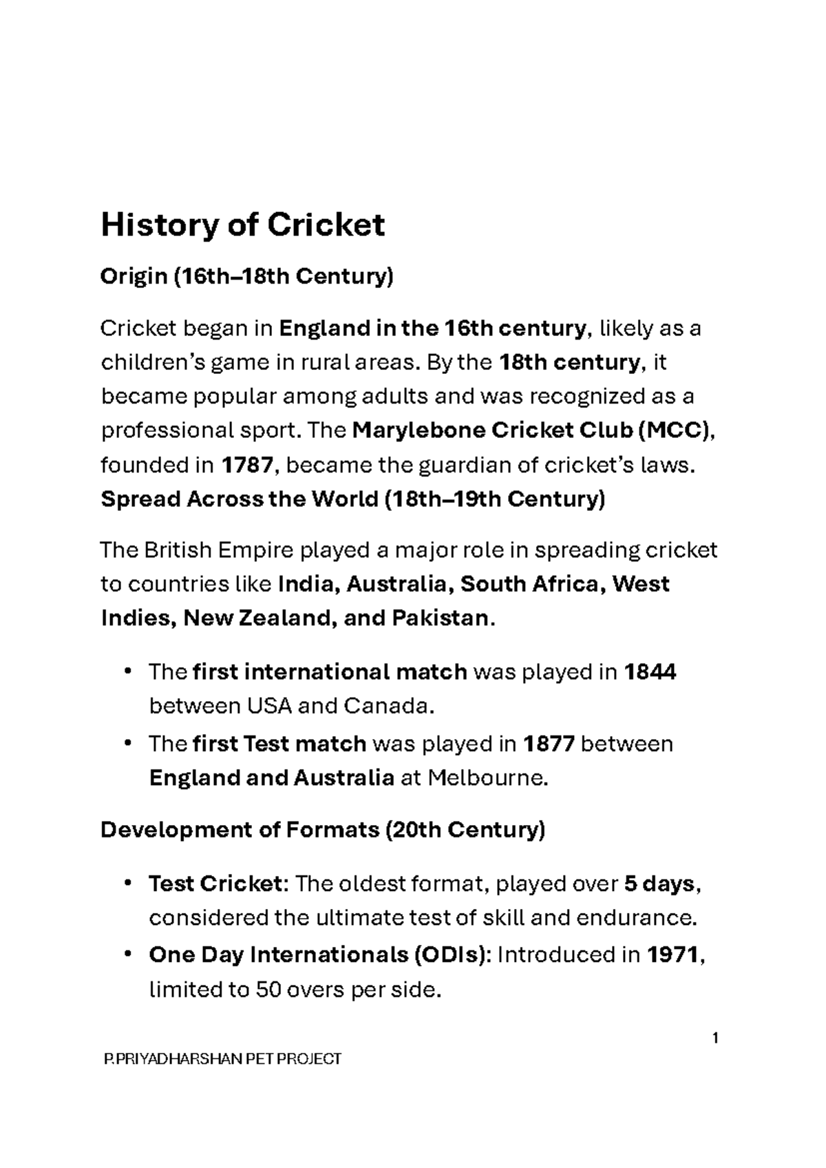 History of Cricket: From Origins to Modern Era (PET Project) - Studocu