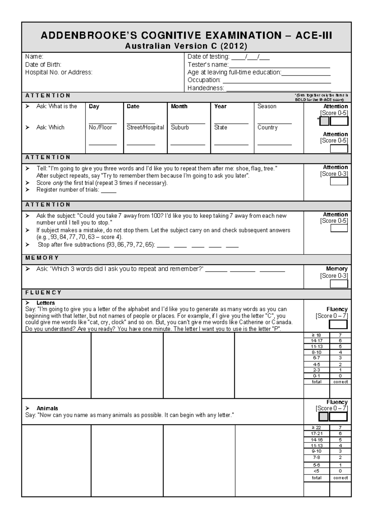 ACE III Administration: Cognitive Examination Australian Version C ...