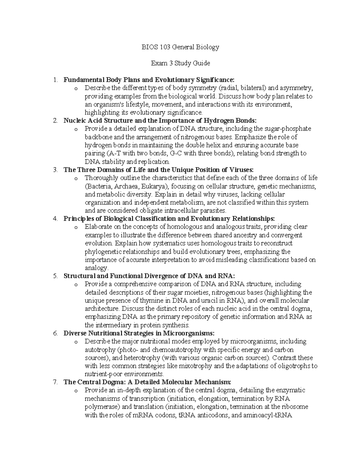 BIOS 103 General Biology: Exam 3 Study Guide on Key Concepts - BIOS 103 ...