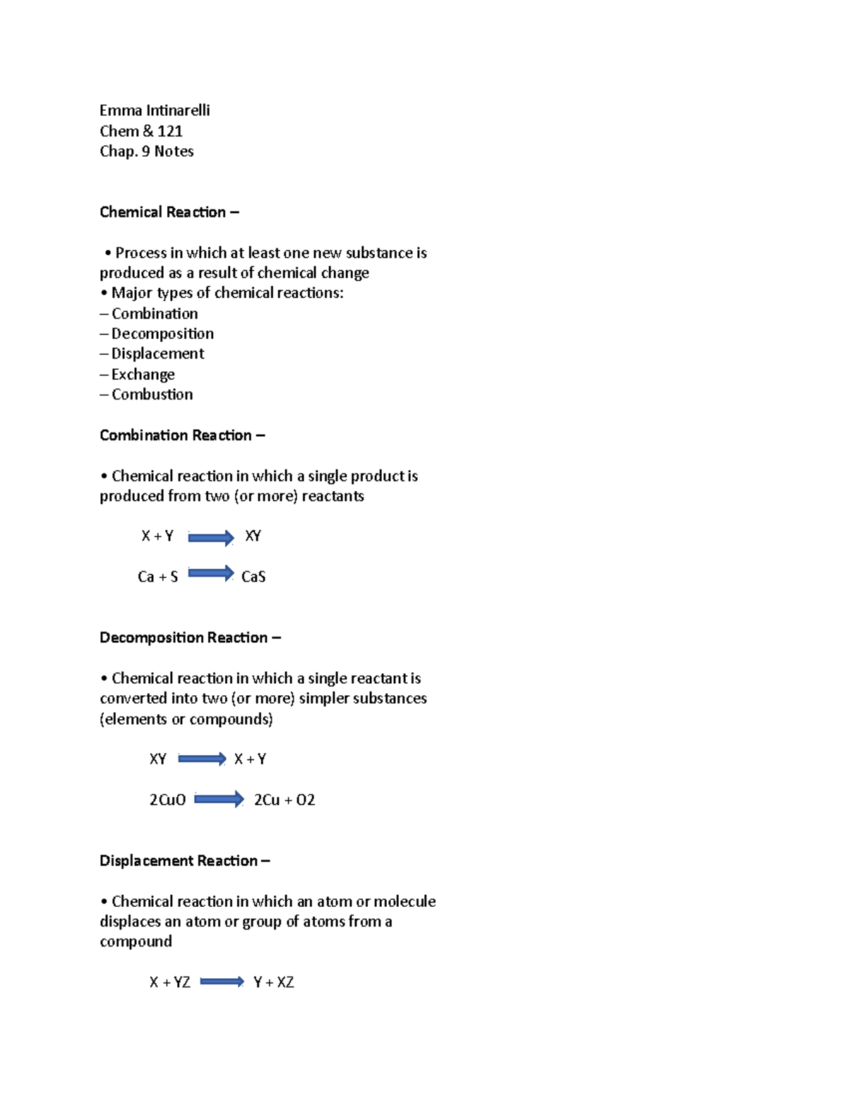Chem 121 Chapter 9 Chemical Reaction Notes and Concepts - Studocu