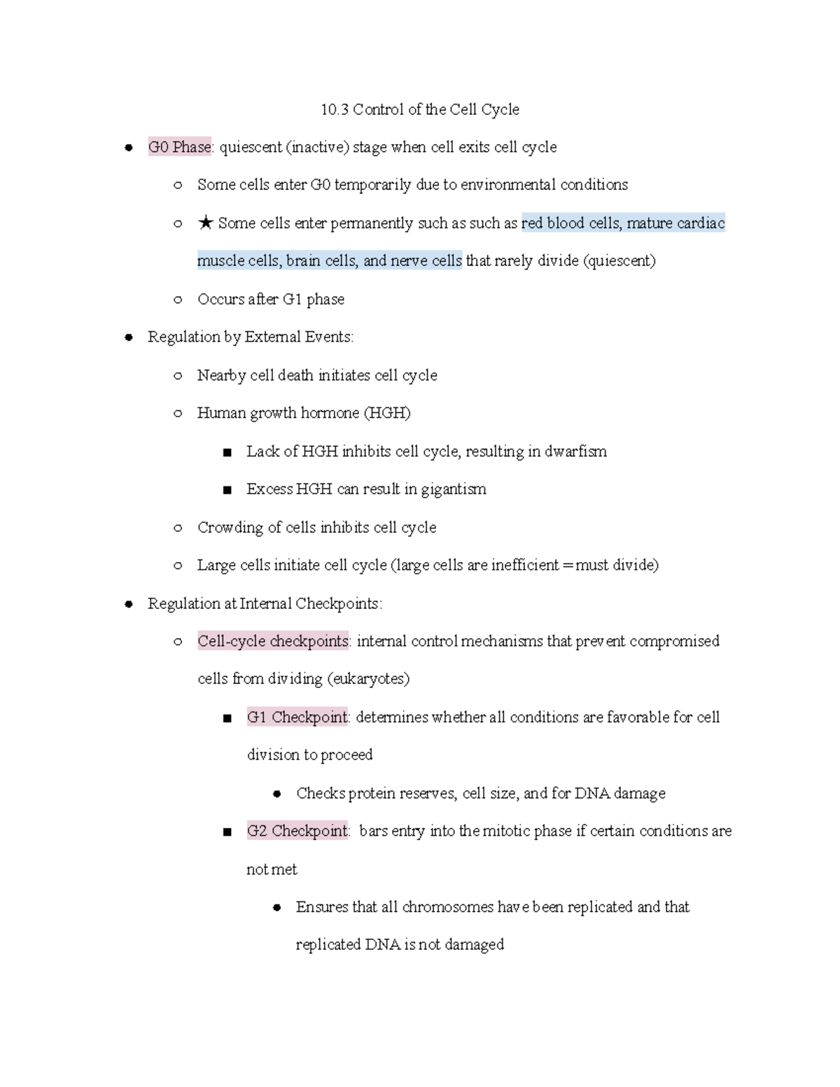 BIOL 111 Notes 11 11 22 - 10 Control of the Cell Cycle G0 Phase ...