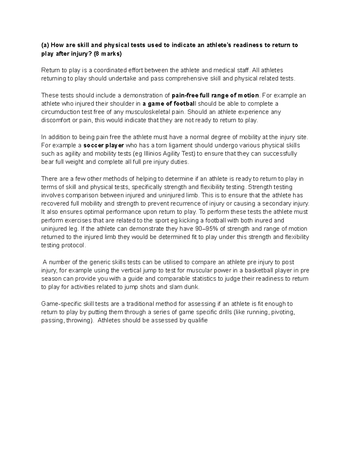 Pdhpe Exampler - Return to Play Readiness in Sports Medicine - Studocu