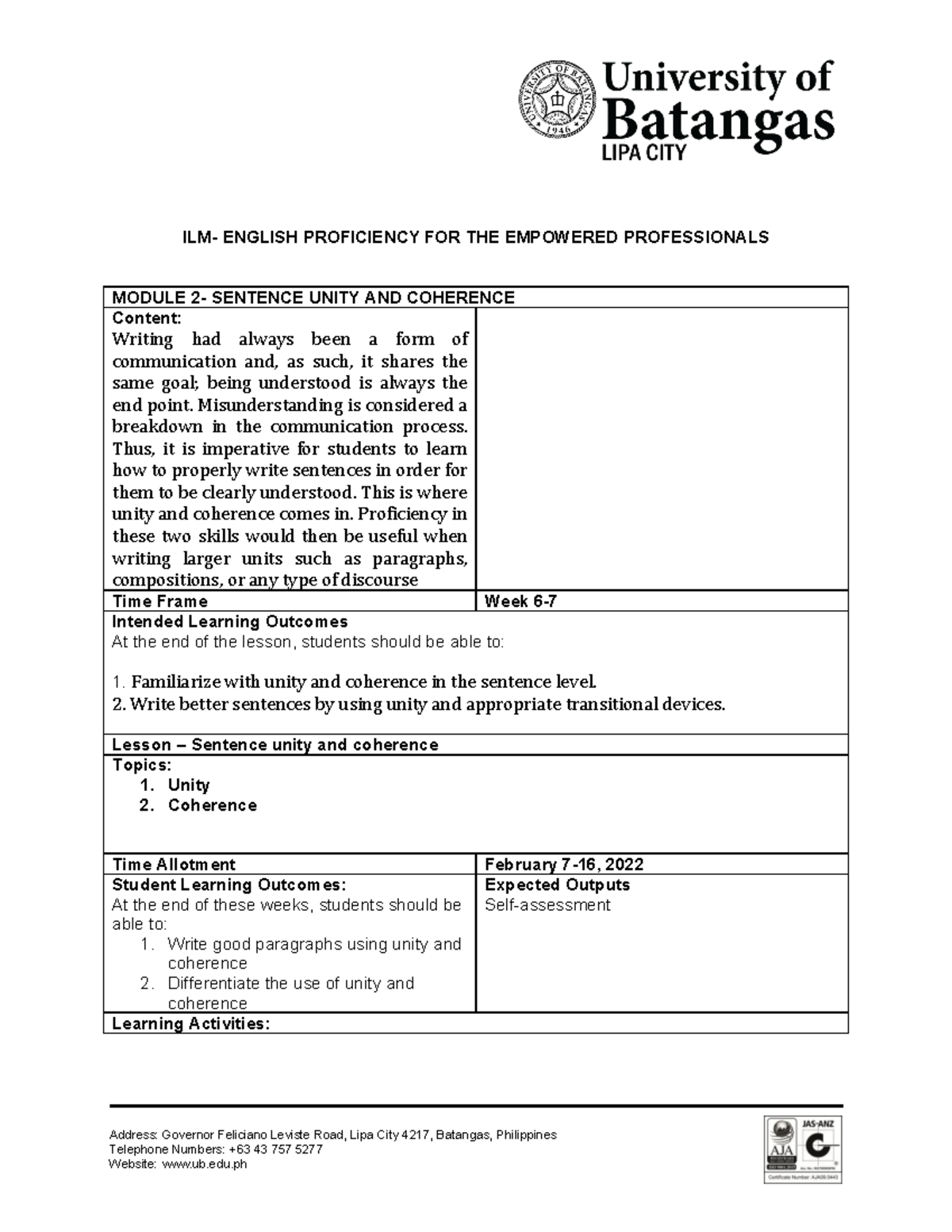 ILM-ENG 101: Sentence Unity & Coherence Module 2 Notes - Studocu