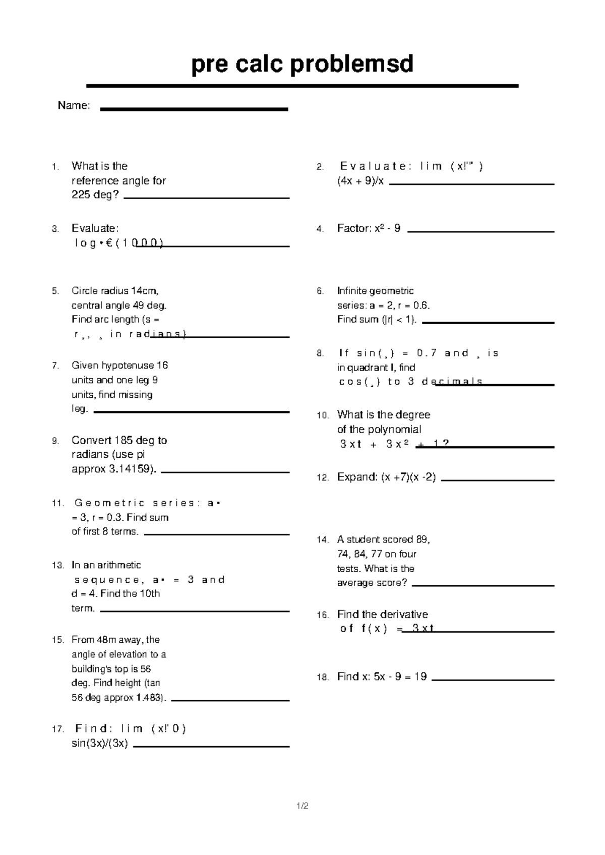 Precalc Problems: Key Concepts & Solutions for Exam Prep - Studocu