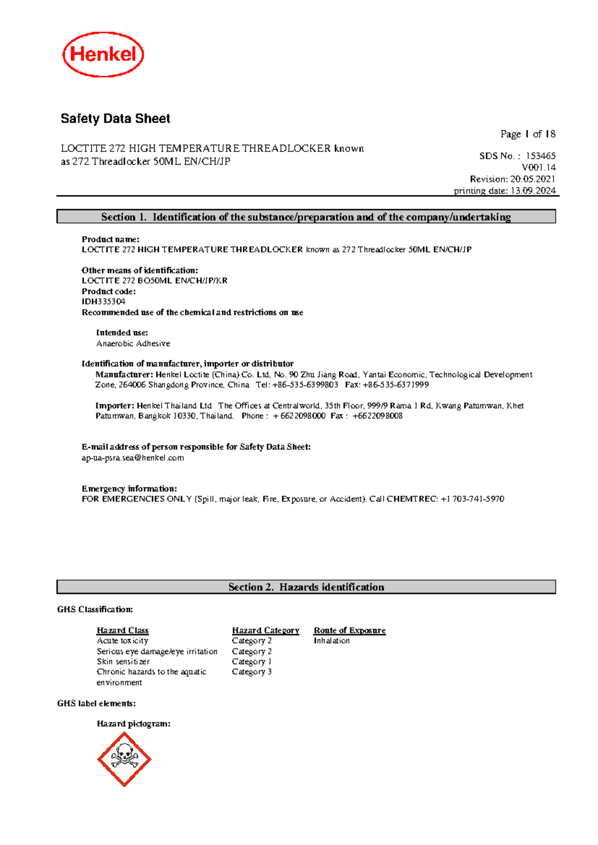 HOJA MSDS LOCTITE 272 HIGH TEMP THREADLOCKER 50ML SDS - Studocu