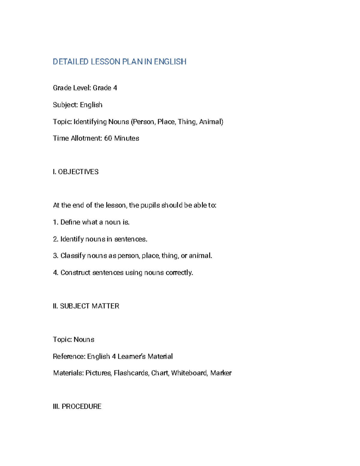 Grade 4 English Lesson Plan: Identifying Nouns (60 Min) - Studocu