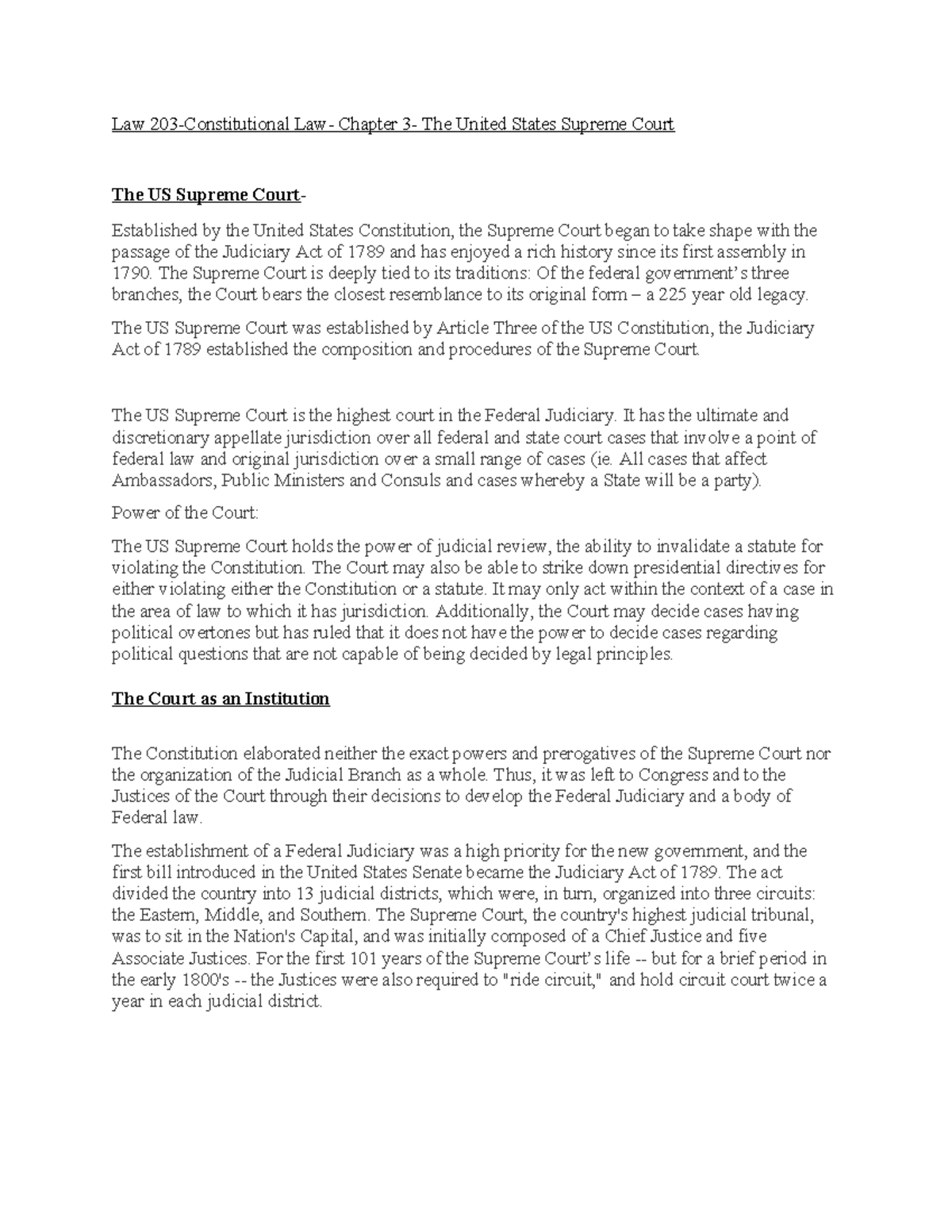 Law 203 - Constitutional Law - Chapter 3: History of the US Supreme ...