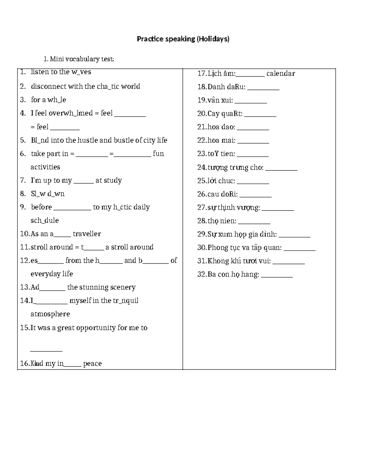 S2 357 Practice Speaking: Mini Vocabulary Test on Holidays - Studocu