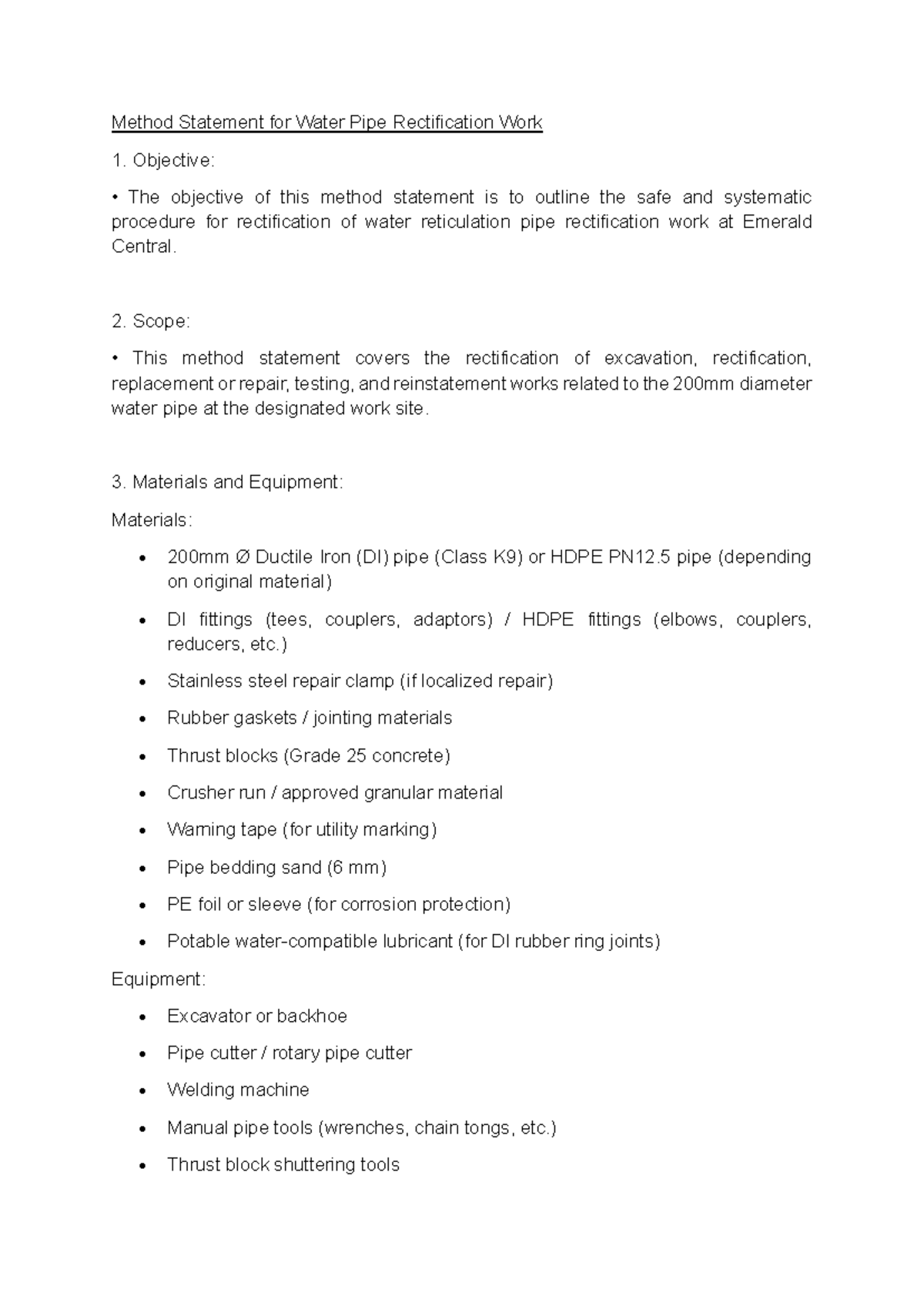 Method Statement for Water Pipe Rectification Work at Emerald Central - Studocu