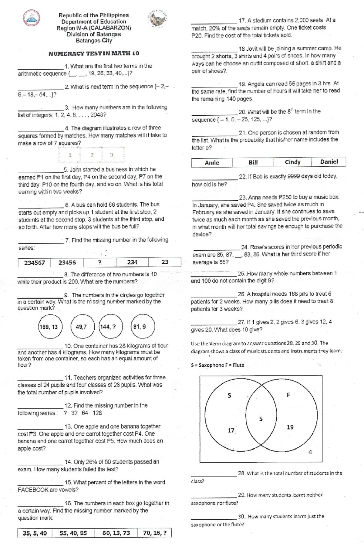 Math 10 Numeracy Test - For G10 - Republic of the Philippines ...